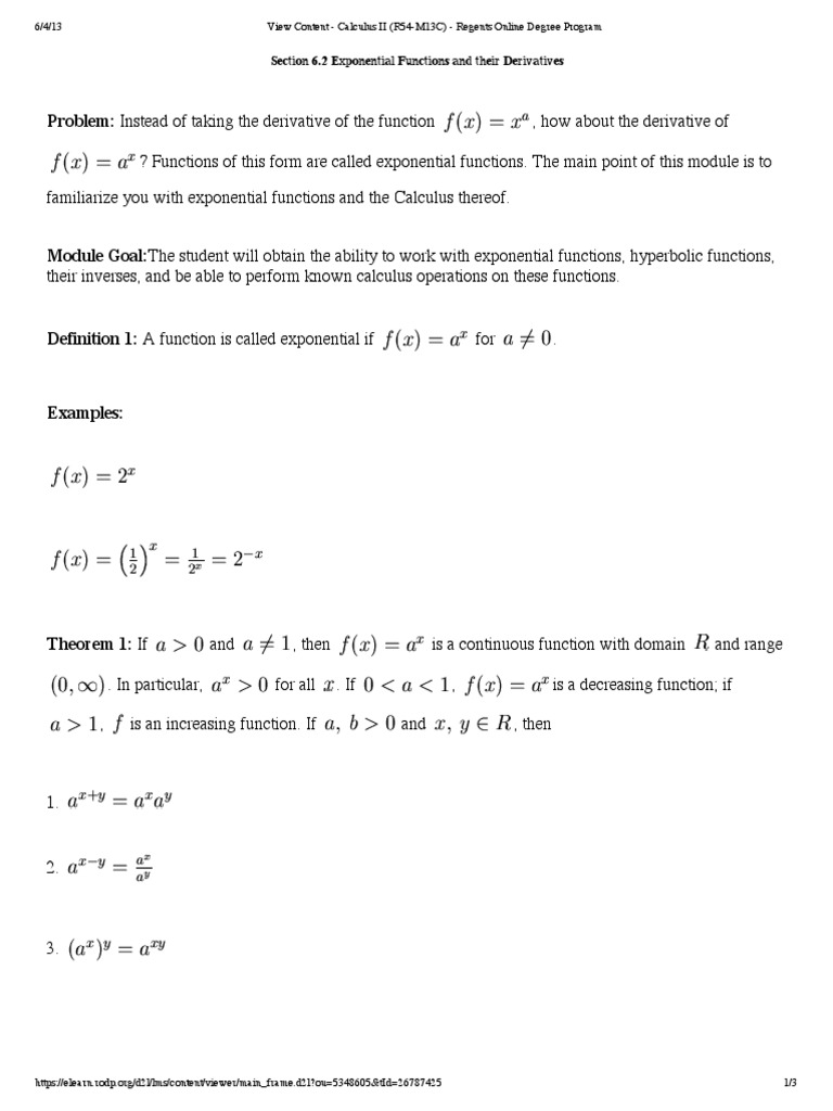Section 6.2 Exponential Functions and Their Derivatives | PDF ...