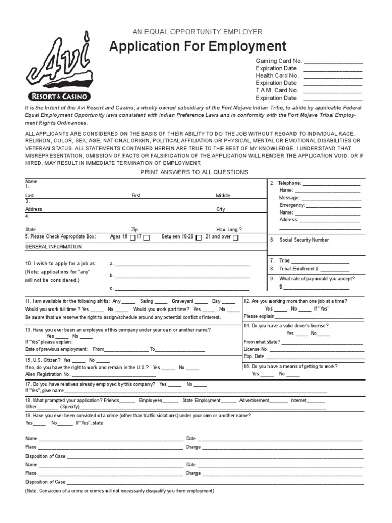Avi Resort & Casino Employment Application | PDF | Employment | Social ...