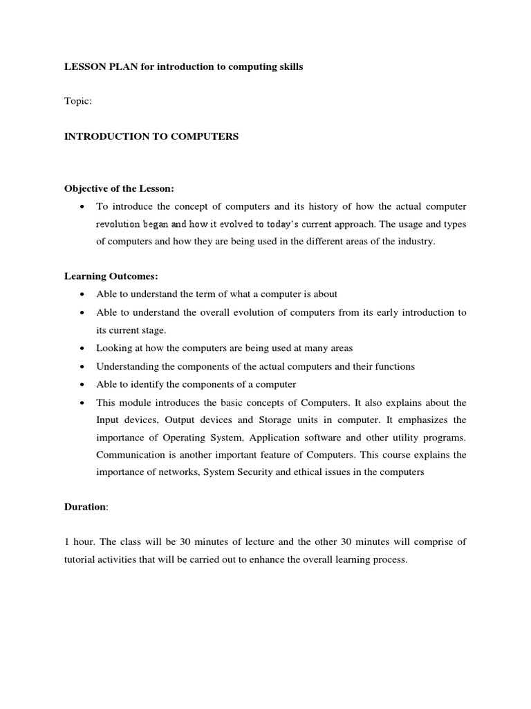 LESSON PLAN For Introduction To Computing Skills | PDF | Lecture | Learning