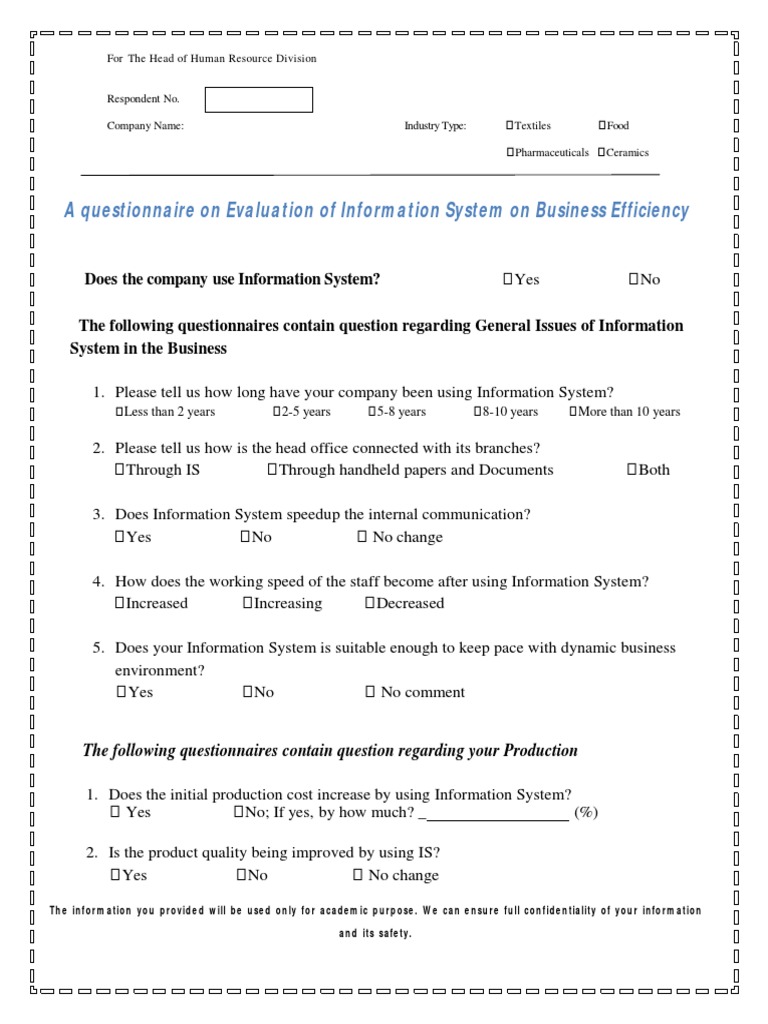 Questionnaire On Information System Increases The Business Efficiency ...