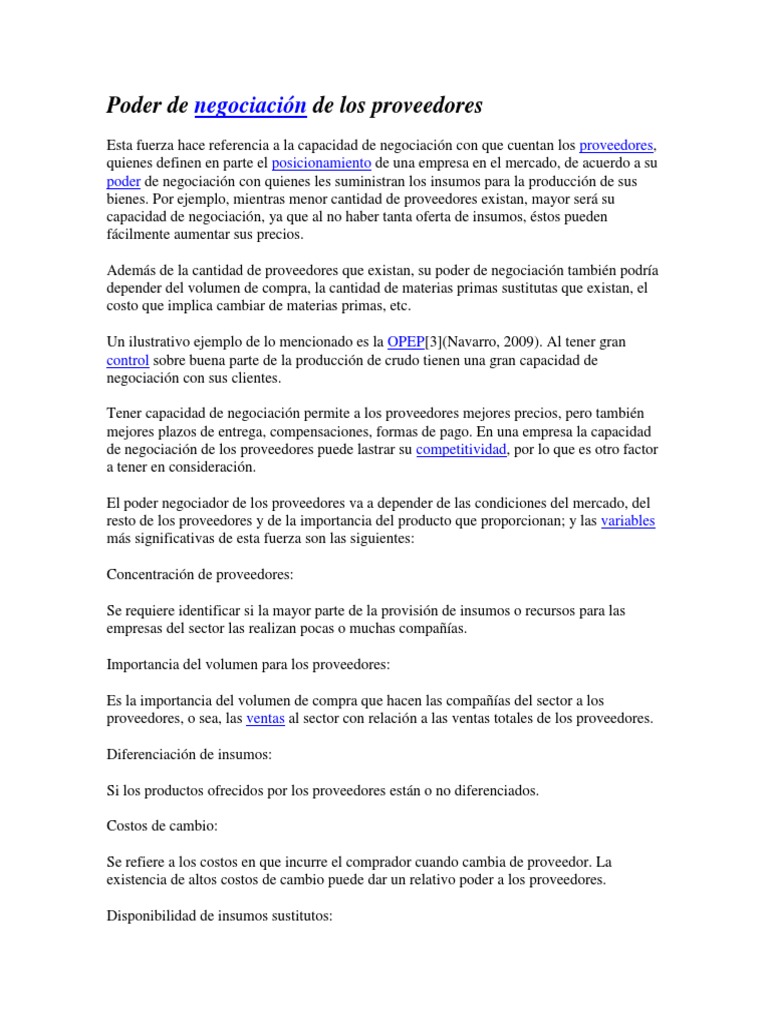 Poder de Negociación de Los Proveedores | PDF | Oferta (economía ...