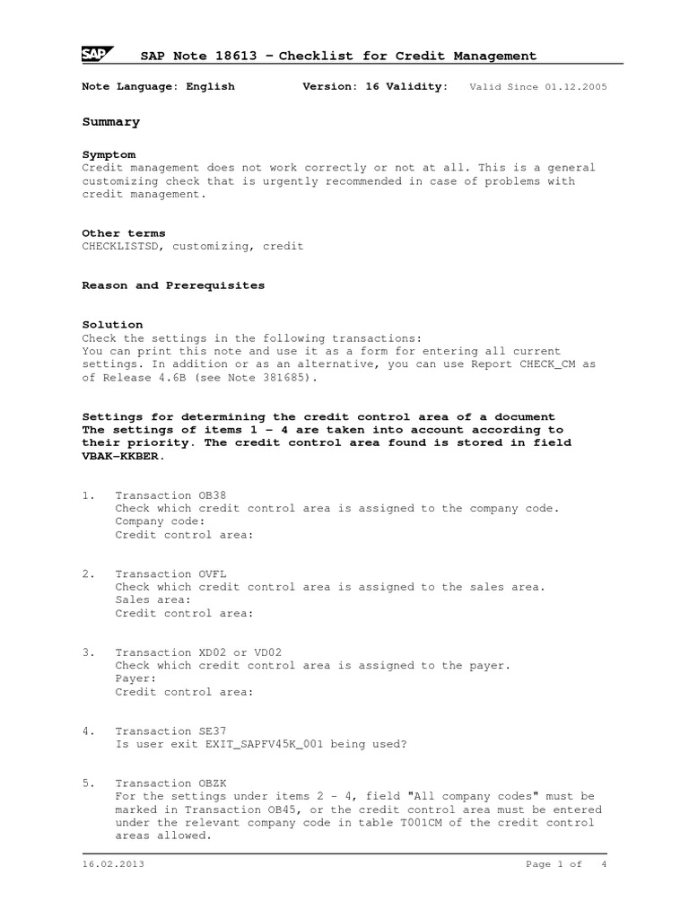 SAP Credit Management Checklist Guide | PDF
