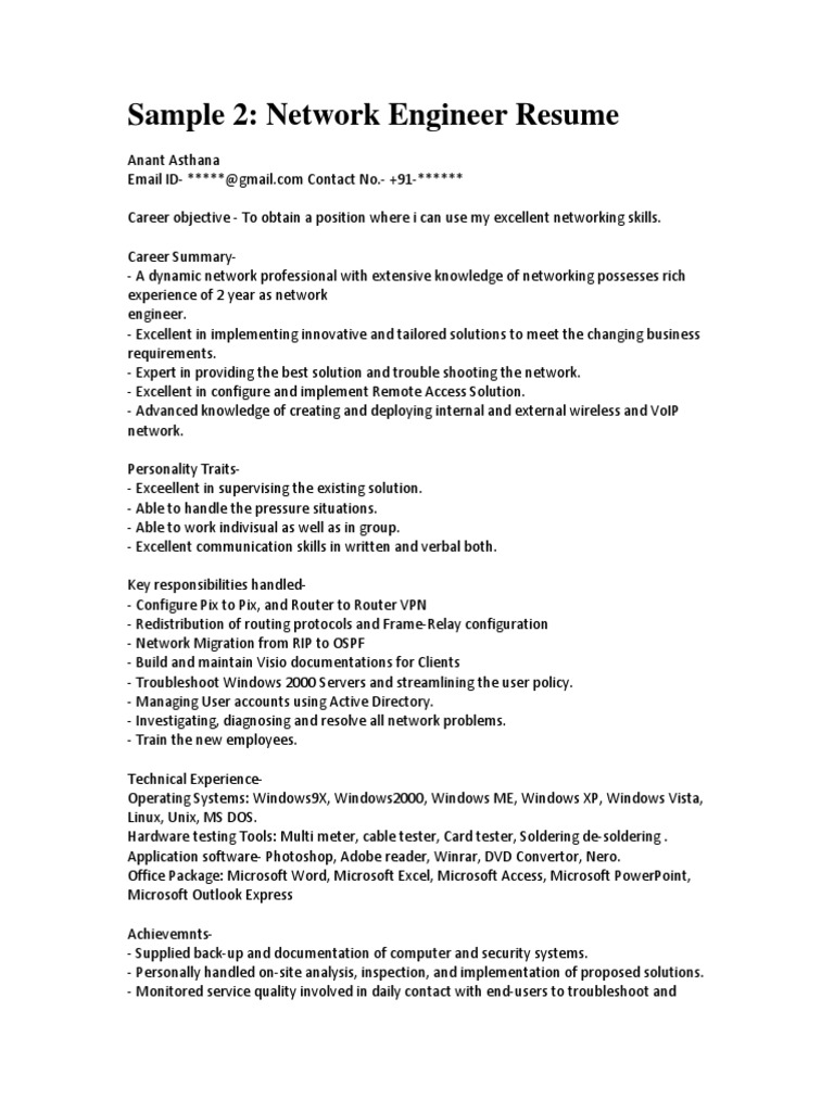 Sample Network Engineer Resume PDF | PDF