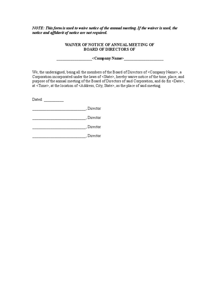 Waiver of Notice for Annual Meeting | PDF | Waiver | Board Of Directors