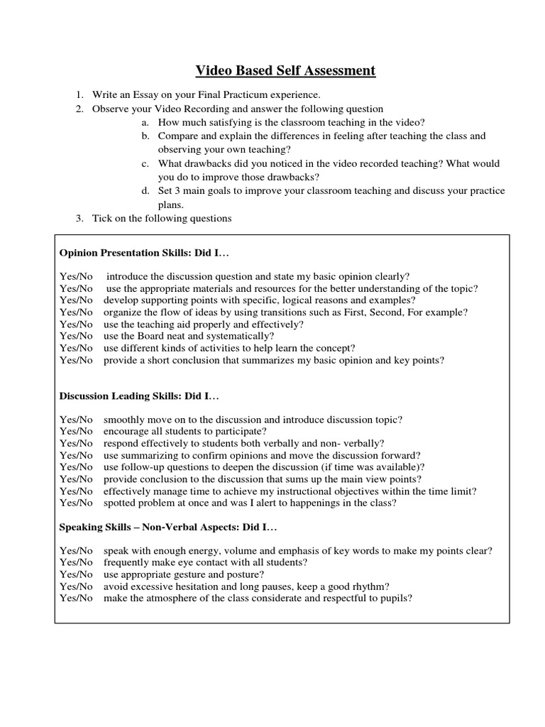 Video Self-Assessment for Teaching Skills | PDF