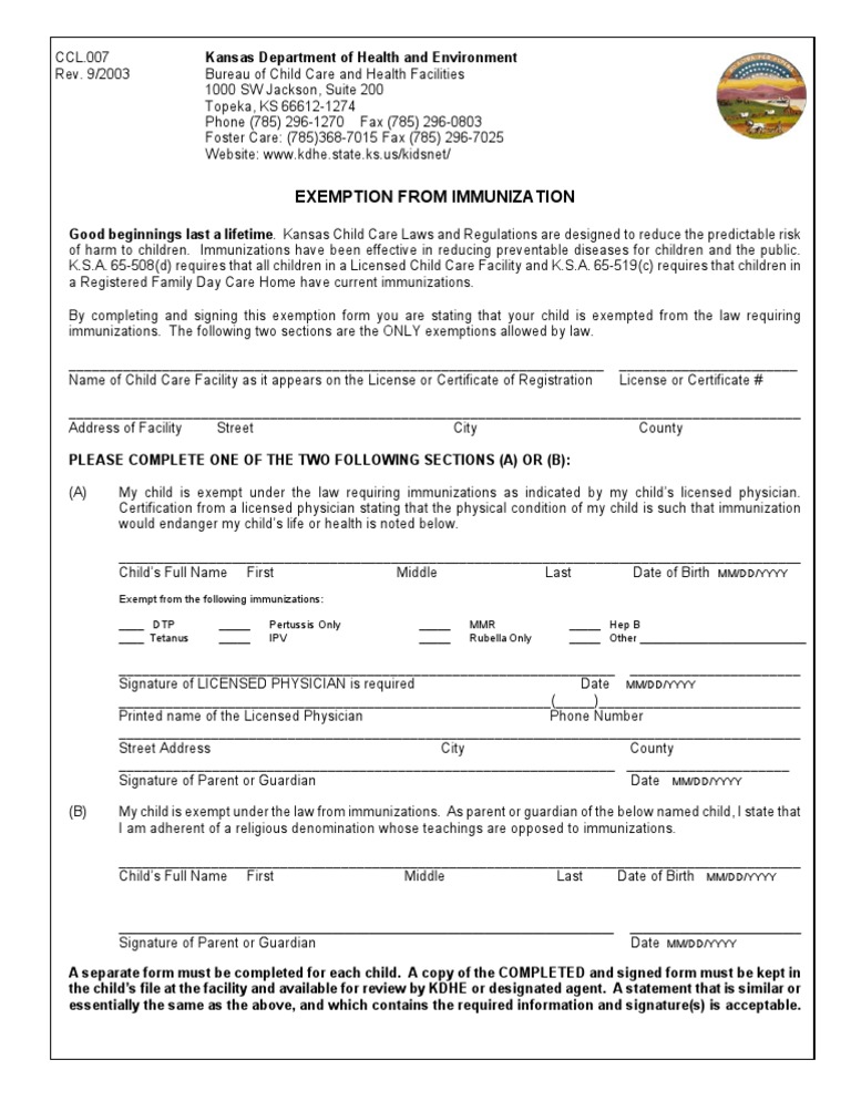 CCL.007 Exemption From Immunization 9-2003 Childcare (2003 Form) | PDF ...