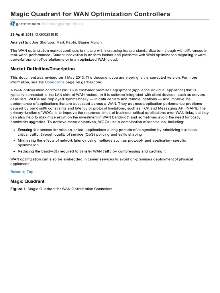 Magic Quadrant For WAN Optimization Controllers | PDF | Cloud Computing | Computer Network
