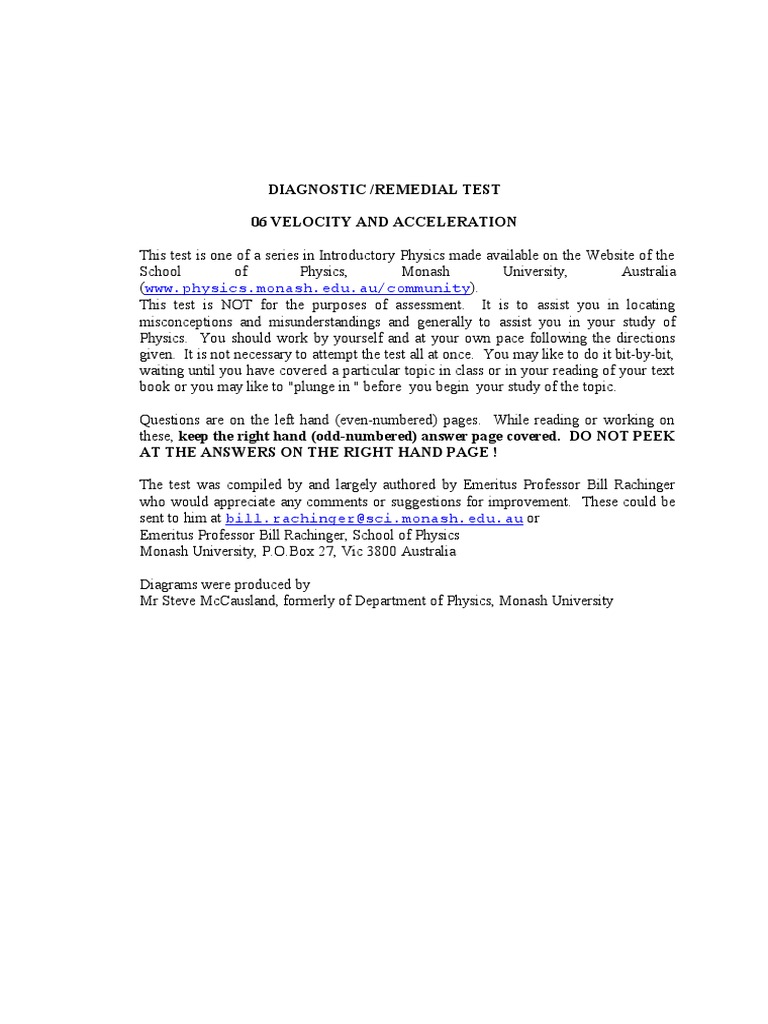 Diagnostic /remedial Test 06 Velocity and Acceleration: WWW - Physics ... Diagnostic /remedial Test 06 Velocity and Acceleration: WWW - Physics ...