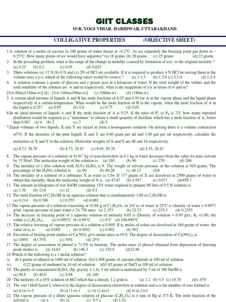 Colligative Properties Objective Sheet | PDF | Solution | Molar ...