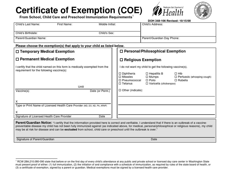 WA 2009 Certificate of Exemption | PDF | Vaccines | Epidemiology