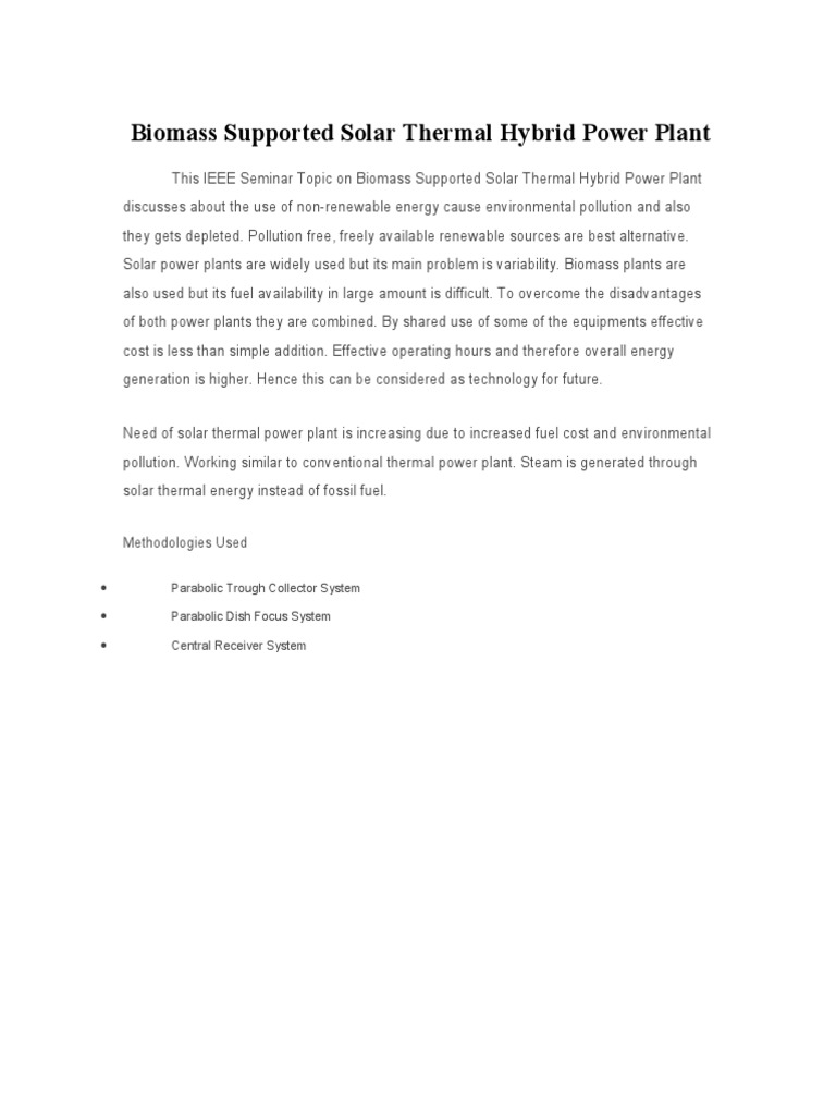 Biomass Supported Solar Thermal Hybrid Power Plant | PDF | Power Station | Solar Energy