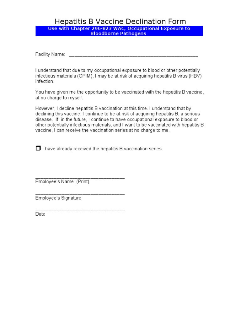 WA State Official OSHA Hepatitis B Vaccine Declination Form BBP-HT-5 | PDF WA State Official OSHA Hepatitis B Vaccine Declination Form BBP-HT-5 | PDF