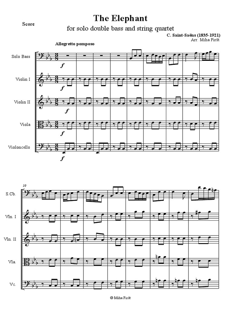 Elephant From The Carnival of The Animals For Double Bass and String ...