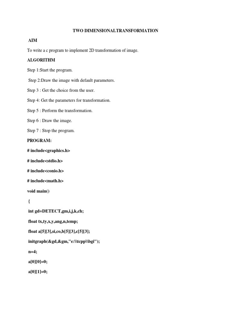 To Write A C Program To Implement 2D Transformation of Image | PDF ...
