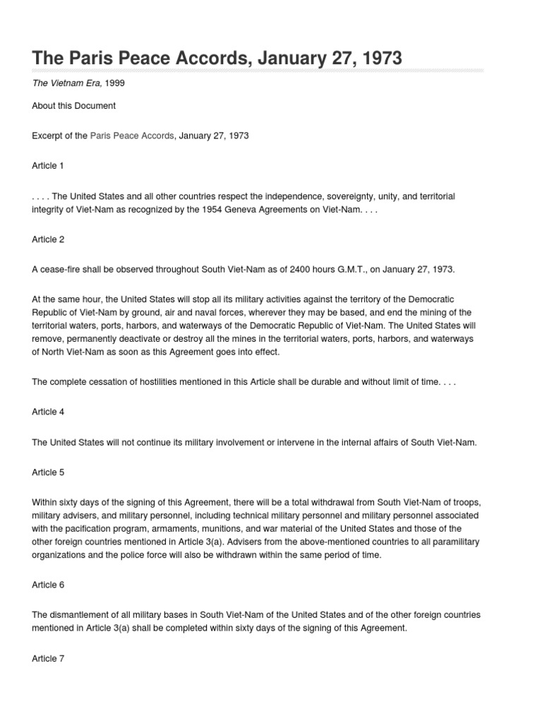 Paris Peace Accords Treaty | PDF | North Vietnam | South Vietnam