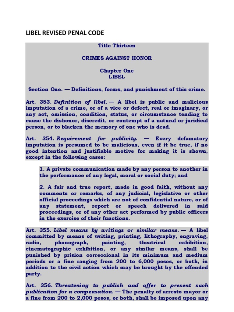 Libel Revised Penal Code 322 | PDF | Defamation | Criminal Justice