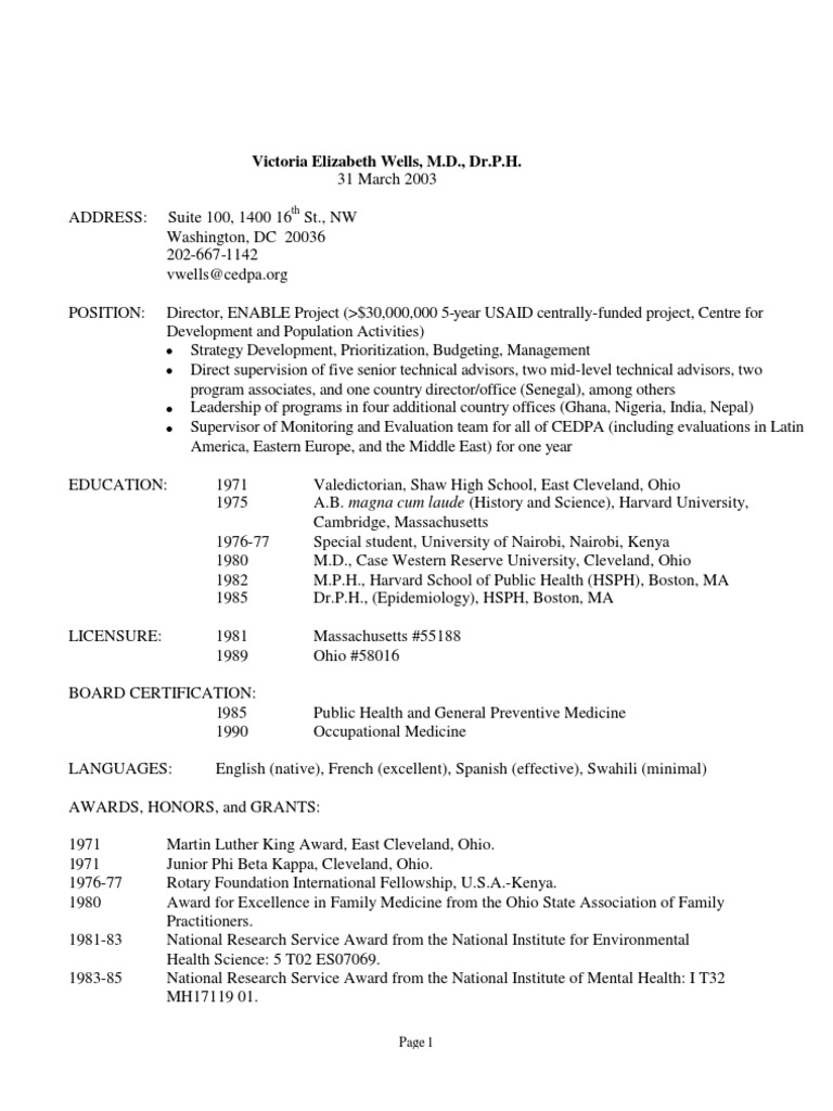 Victoria Wells Wulsin MD DRPH, Curriculum Vitae, March 31, 2003 | PDF ...