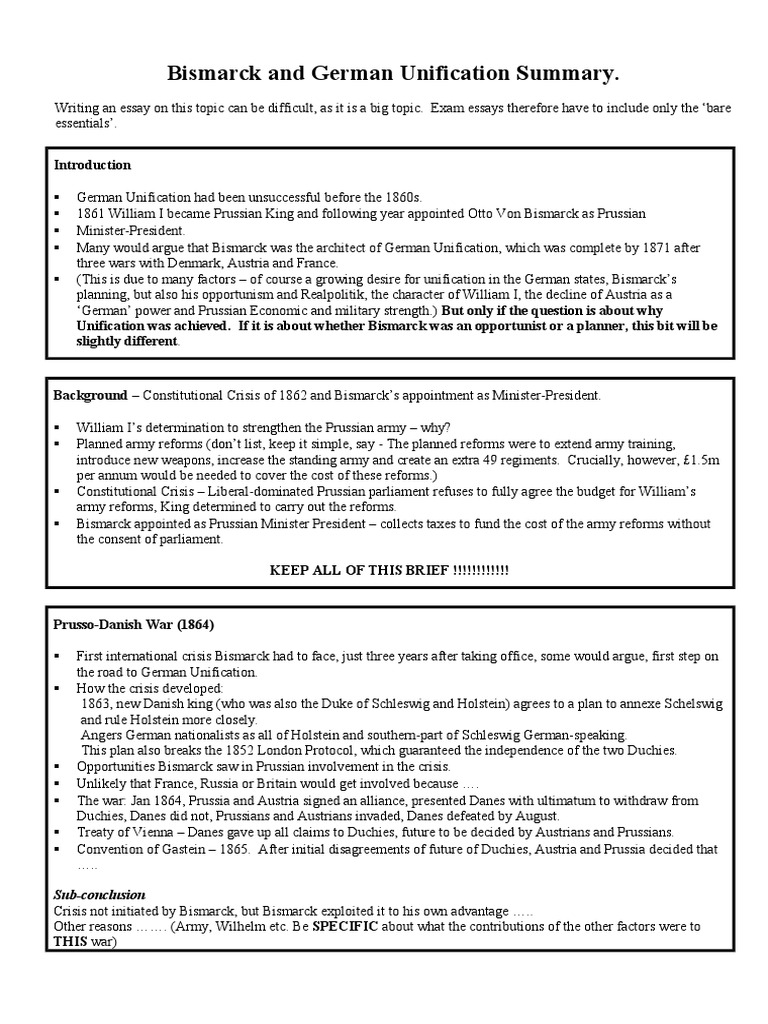 Bismarck and German Unification Summary | PDF | German Empire | Russian ...