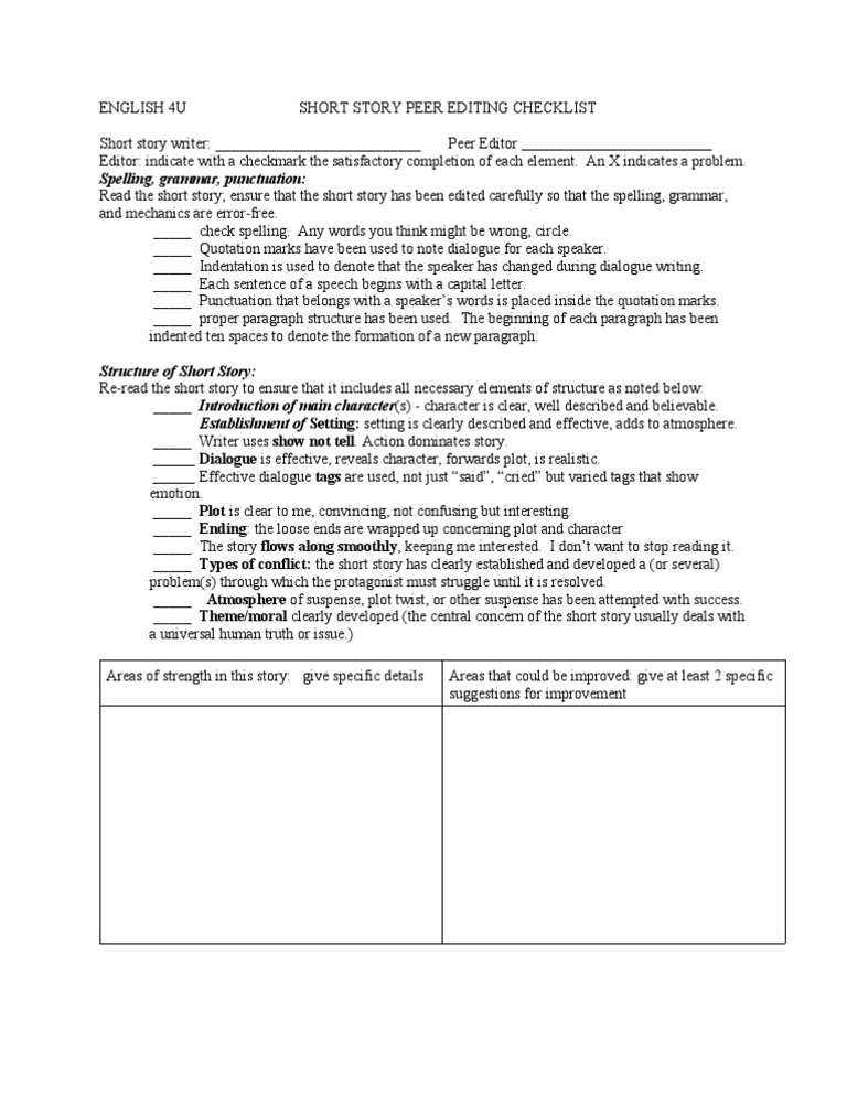 Short Story Peer Edit Sheet | PDF | Paragraph | Punctuation