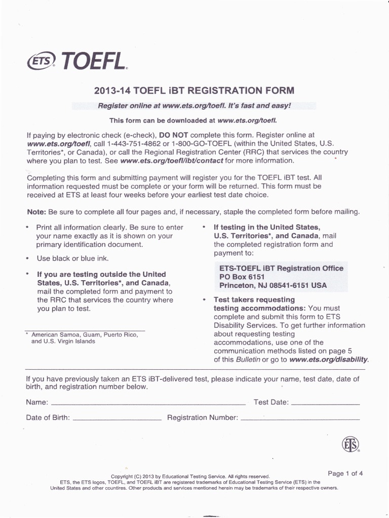 2013-14 TOEFL Ibt Registration Form | PDF | Debit Card | Credit Card