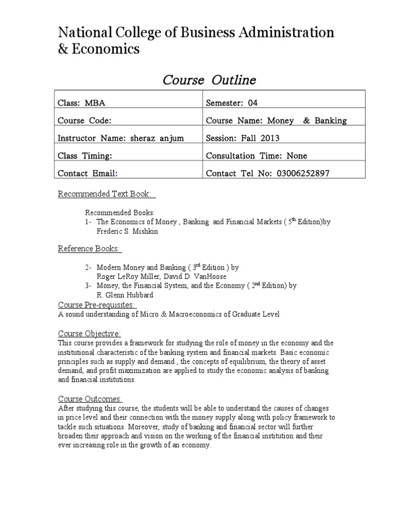 National College of Business Administration & Economics: Course Outline ...