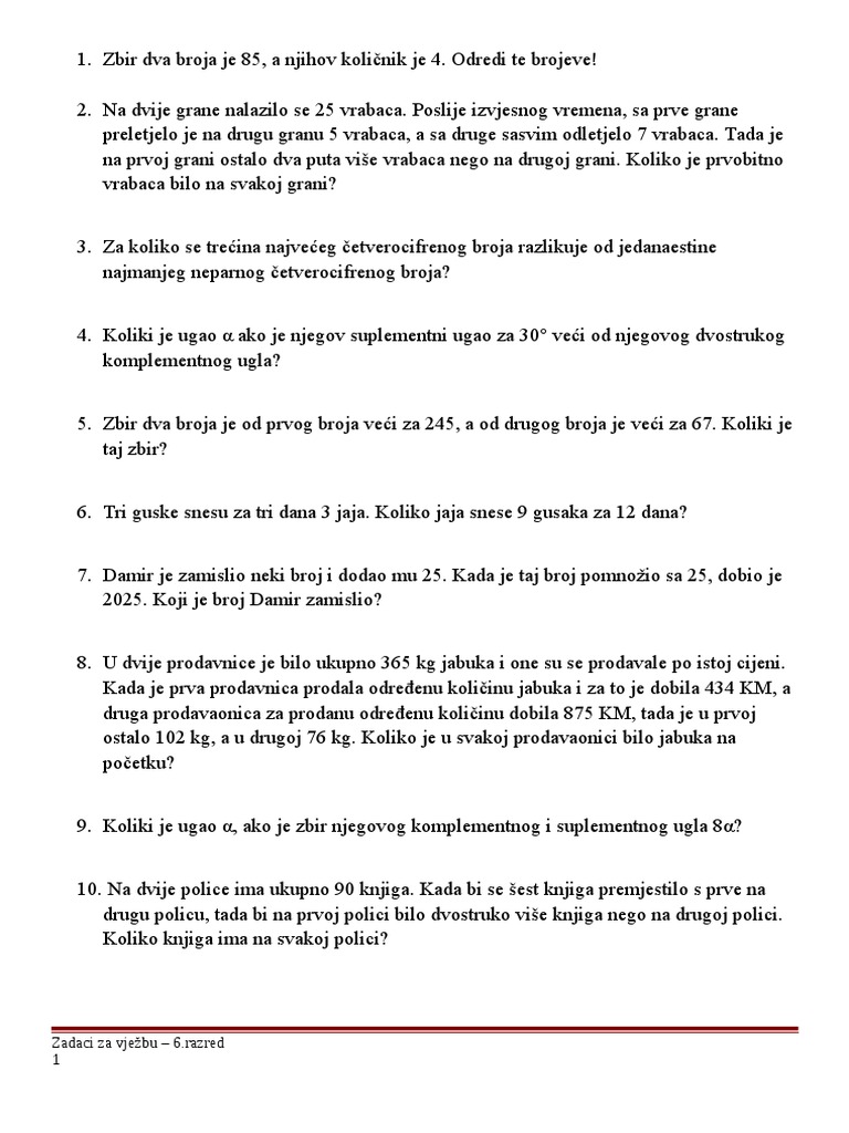 Zadaci Za Sesti Razred - Matematika | PDF
