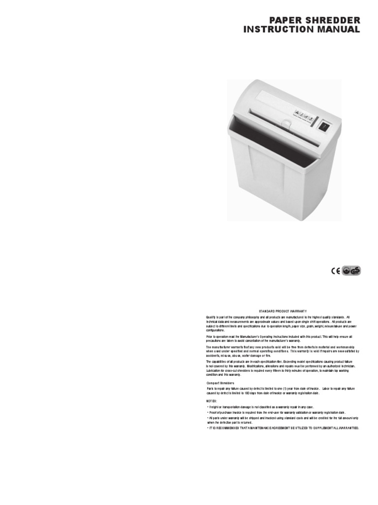 Paper Shredder Instruction Manual | PDF | Switch | Ac Power Plugs And ...