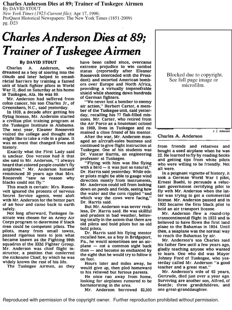 Charles Anderson Dies at 89 Trainer of Tuskegee Airmen | PDF | History