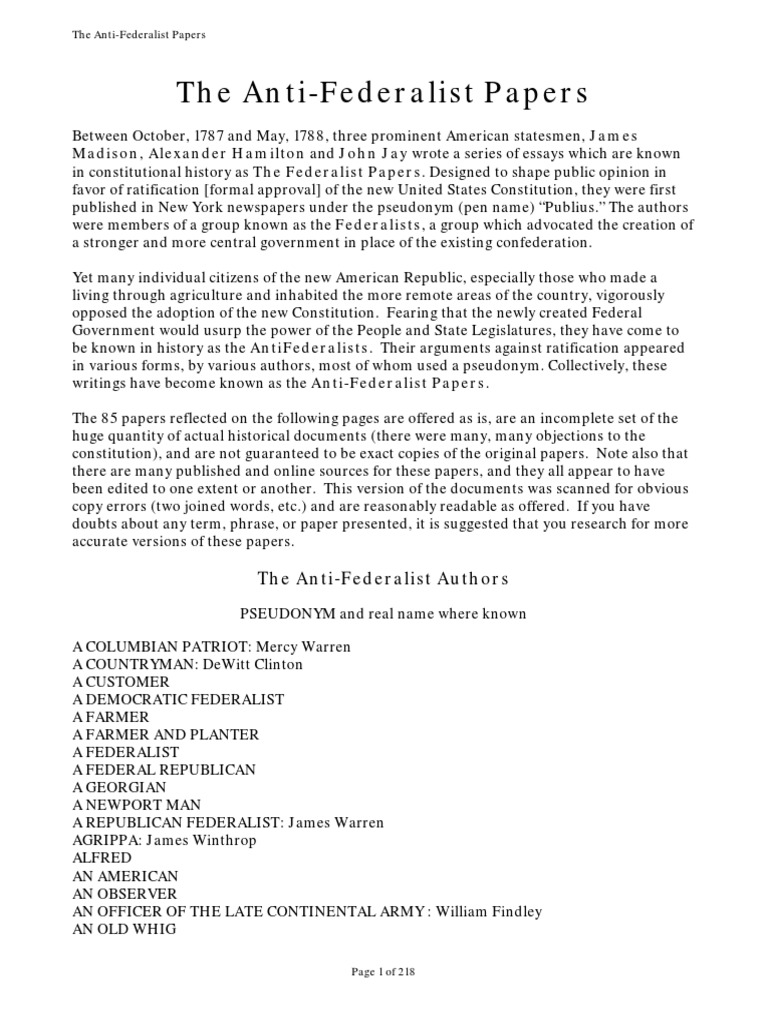 The Anti-Federalist Papers | The Federalist Papers | United States ...