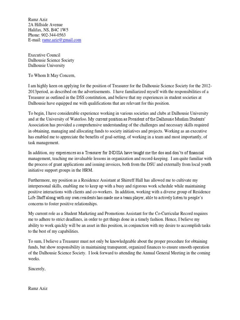 DSS Treasurer Cover Letter | Business | Cognition