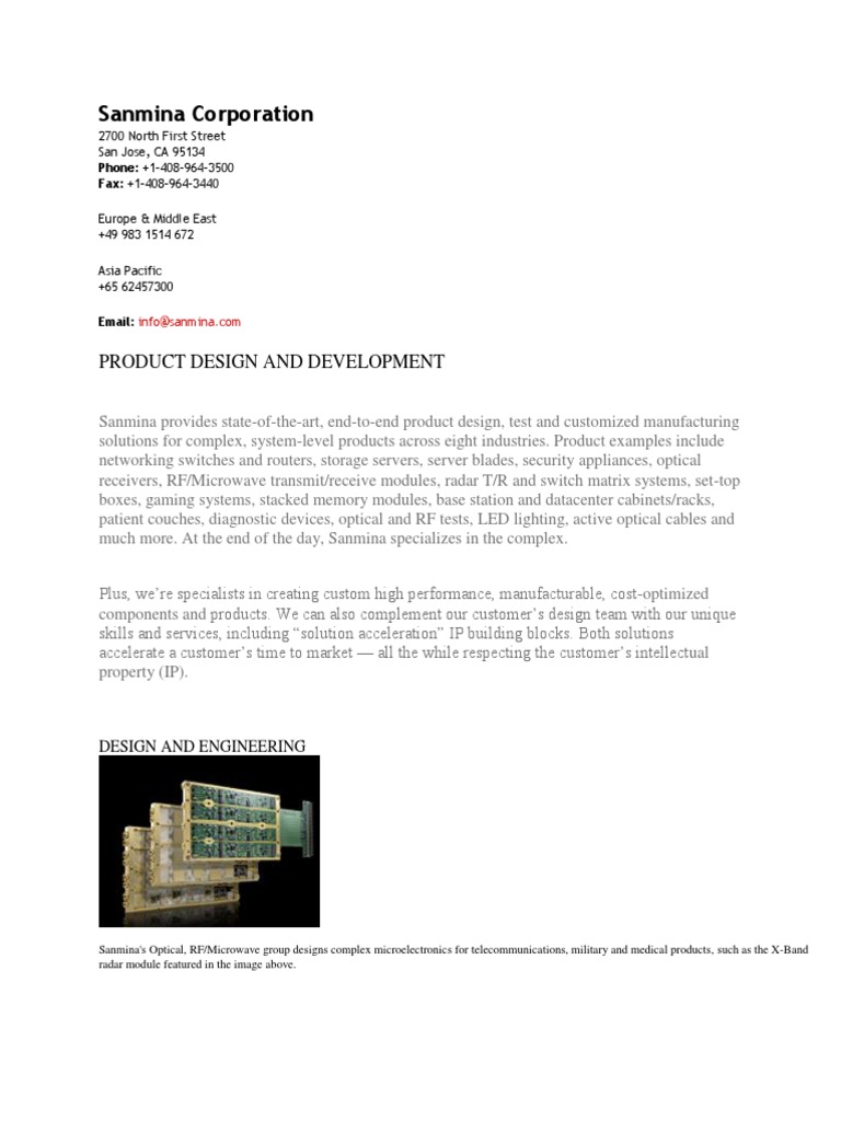 Sanmina Corporation Product Design And Development Pdf