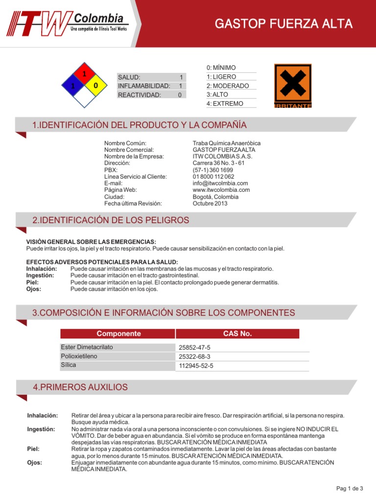 Gastop Fuerza Alta MSDS1 | PDF | Aluminio | Agua