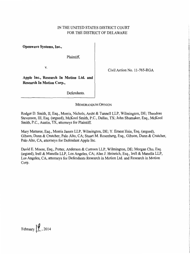 Openwave Systems, Inc. v. Apple Inc., Et Al., C.A. No. 11-765-RGA (D ...