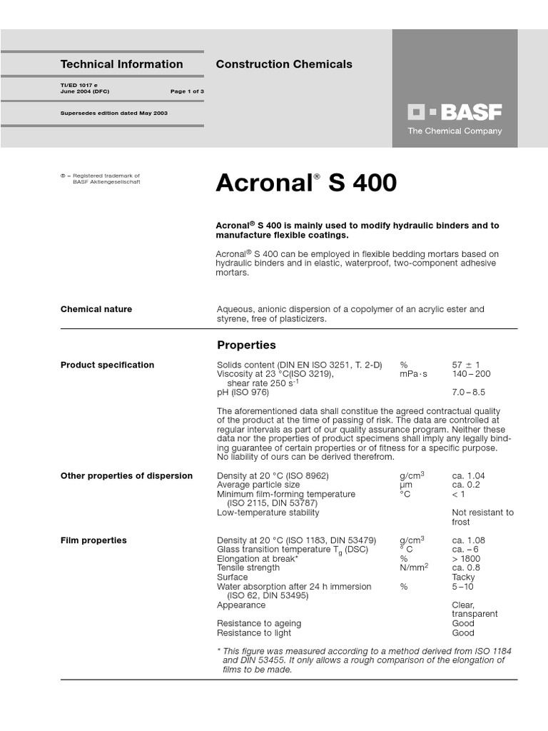 Acronal S 400: Technical Information Construction Chemicals | PDF