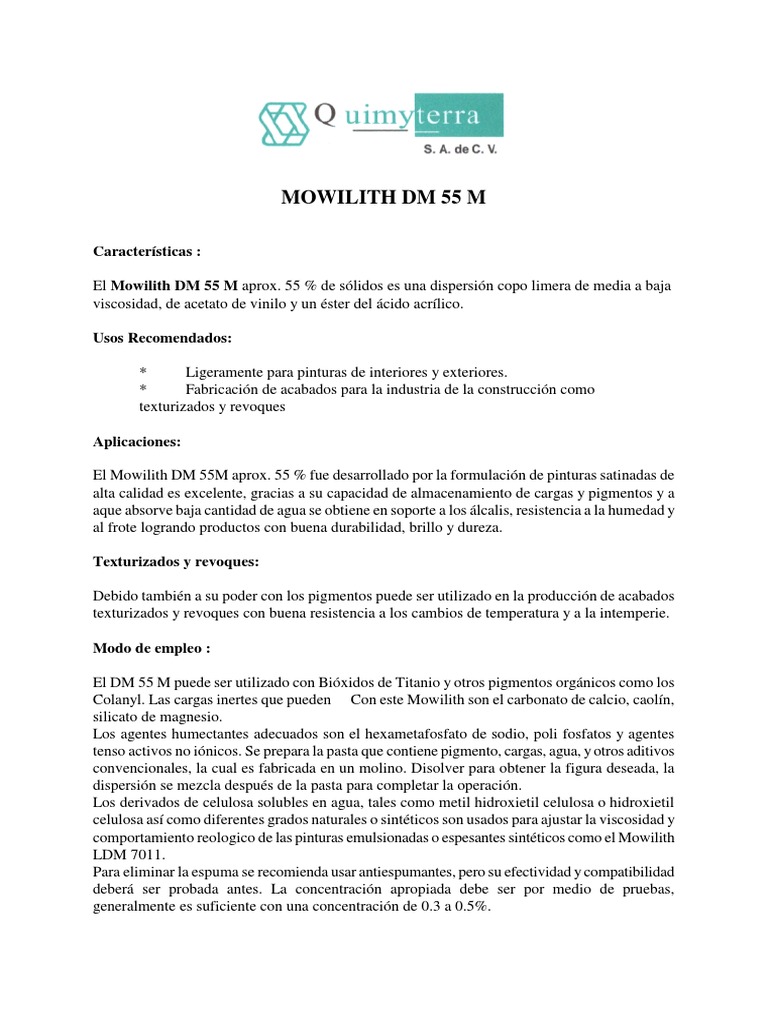 Ficha Técnica Mowilith DM 55 M | PDF | Pintura acrilica | Pinturas