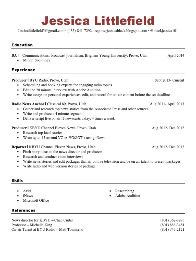 Jessica Littlefield: Broadcast Journalist Resume | PDF | Career ...