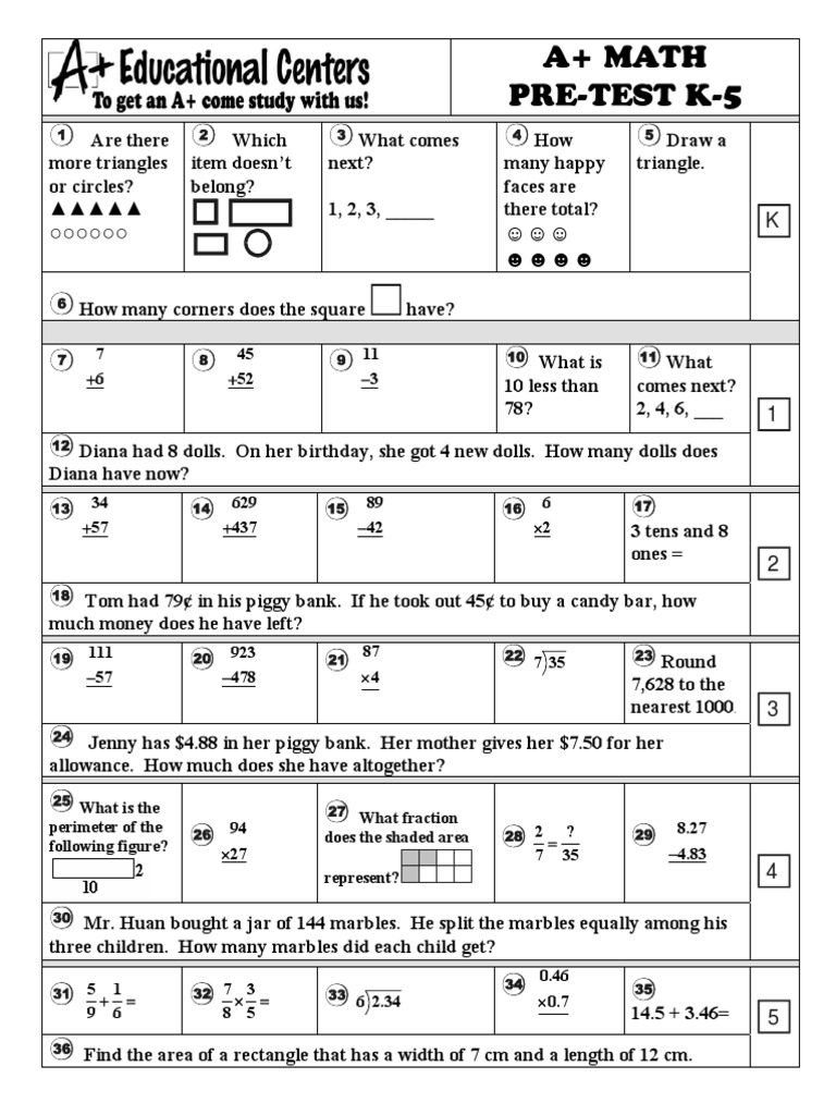 A+ Math Pre-Test K-5 | PDF | Euclidean Plane Geometry | Geometry