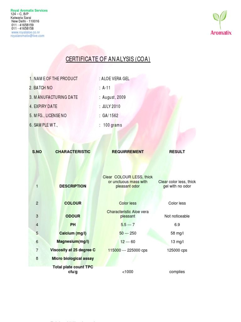 Aloe Vera Gel Certificate of Analysis | PDF | Hygiene | Personal ...