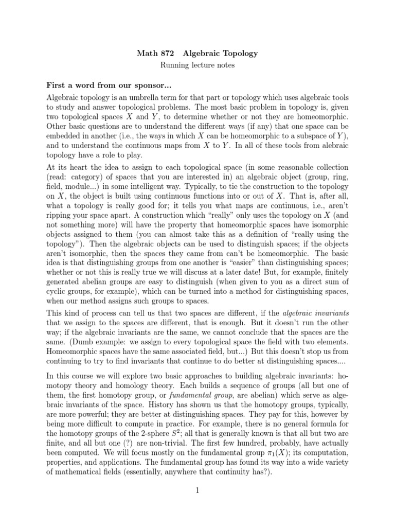Math 872 Algebraic Topology | PDF | Group (Mathematics) | Compact Space
