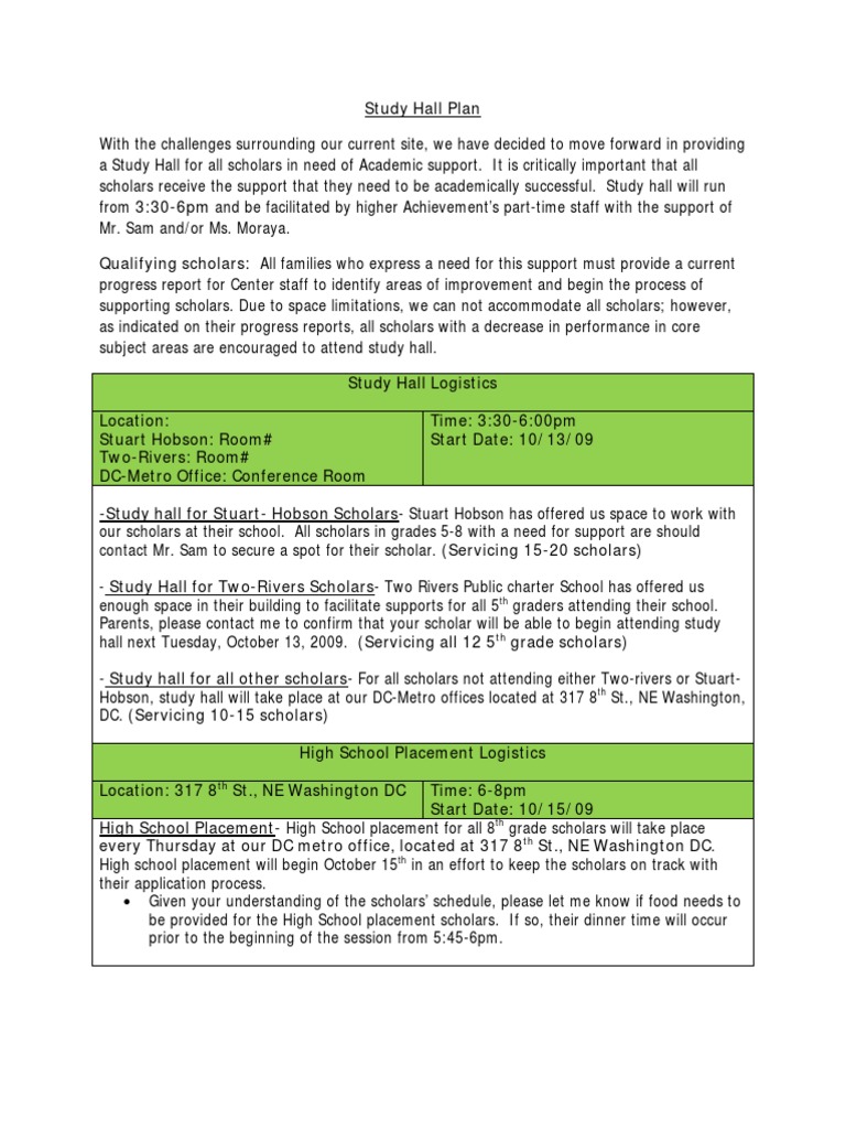 Study Hall Plan for Academic Support | PDF | Sports & Recreation