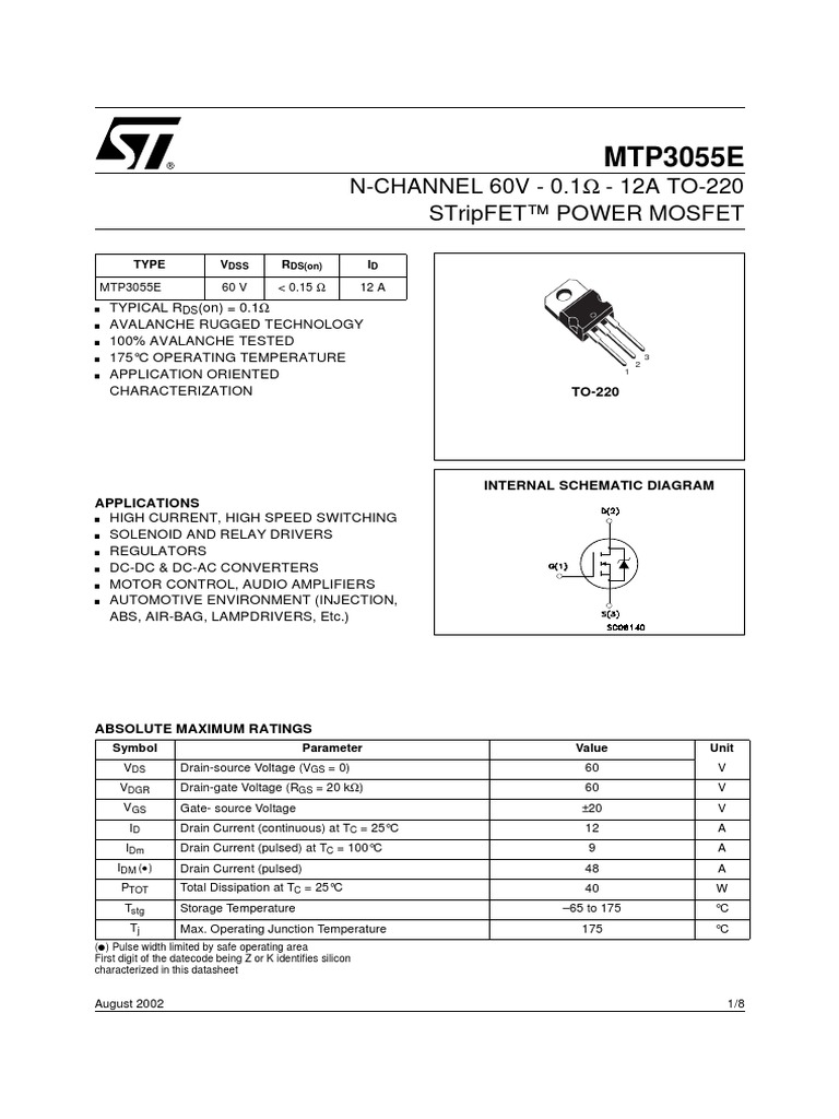 MTP3055E: N-CHANNEL 60V - 0.1 - 12A TO-220 Stripfet™ Power Mosfet | PDF | Field Effect ...