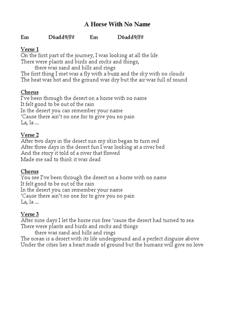 A Horse With No Name: em D6add9/F# em D6add9/F# Verse 1 | PDF
