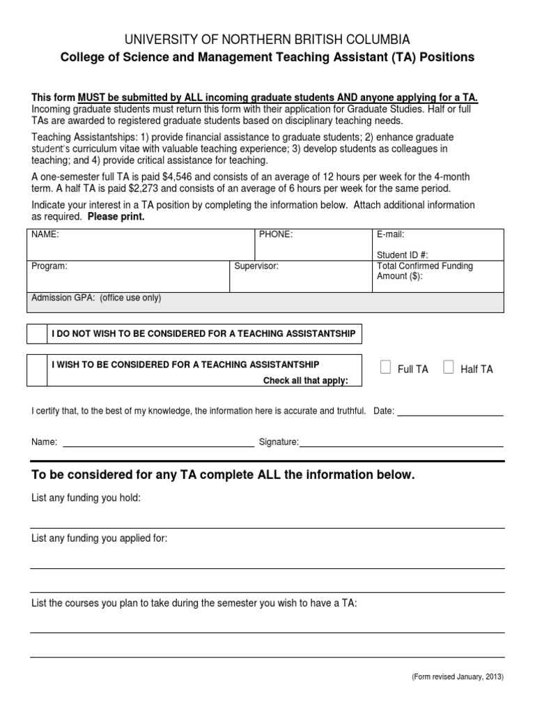 2013 Teaching Assistant Application Form For Unbc | PDF | Teaching ...