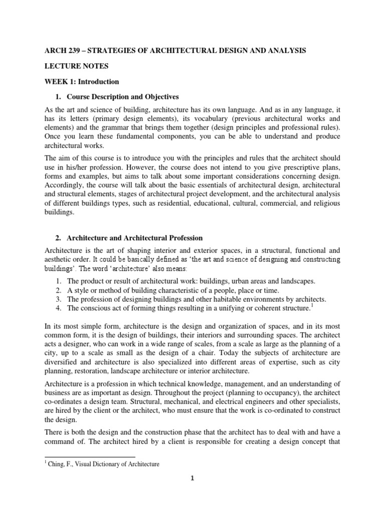 STRATEGIES OF ARCHITECTURAL DESIGN AND ANALYSIS LECTURE NOTES | Design