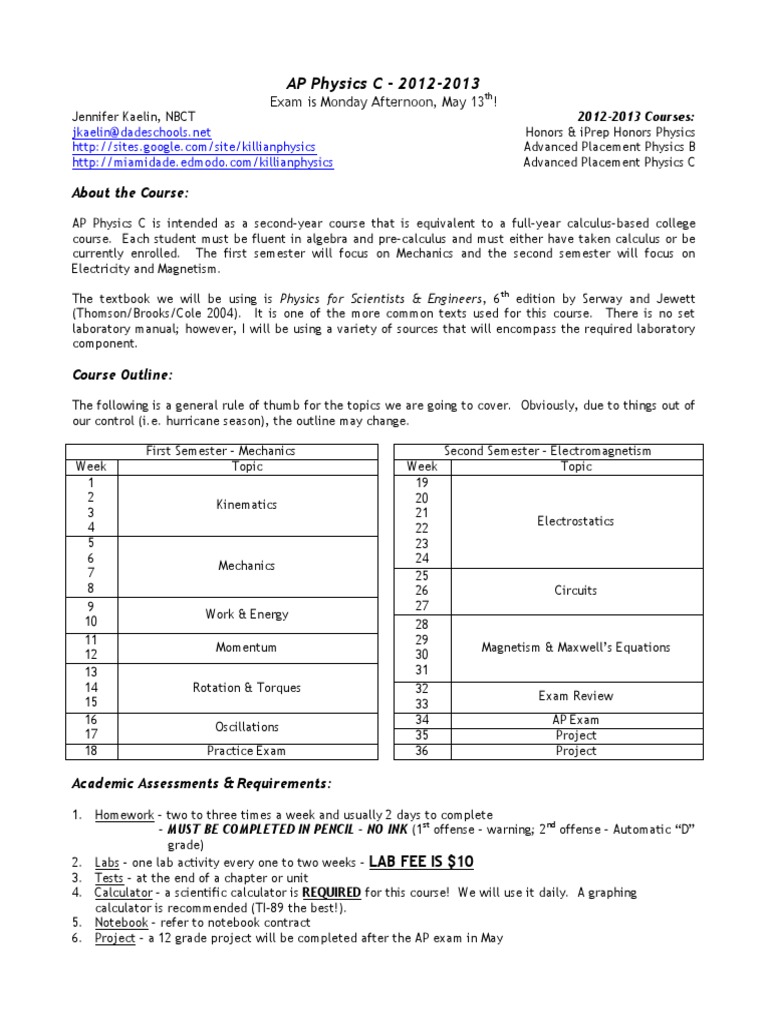 AP Physics C Syllabus | PDF | Advanced Placement | Homework