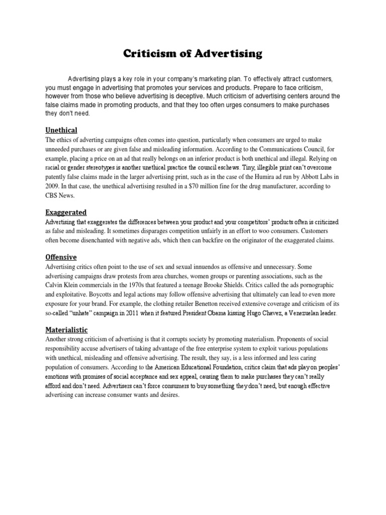 Criticism of Advertising | PDF | Advertising | Marketing