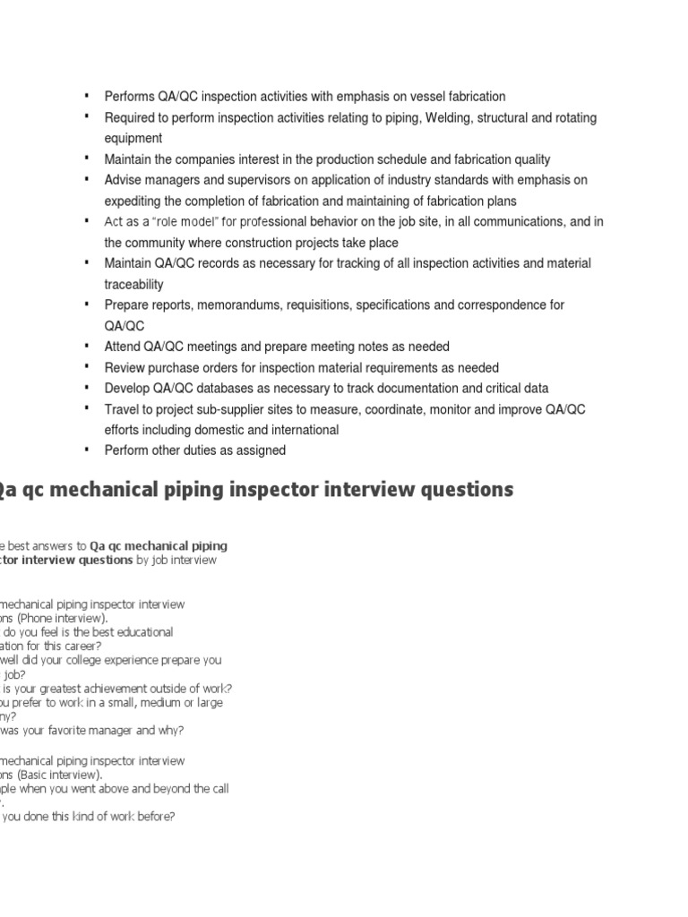 Qa QC Mechanical Piping Inspector Interview Questions | PDF | Job ...