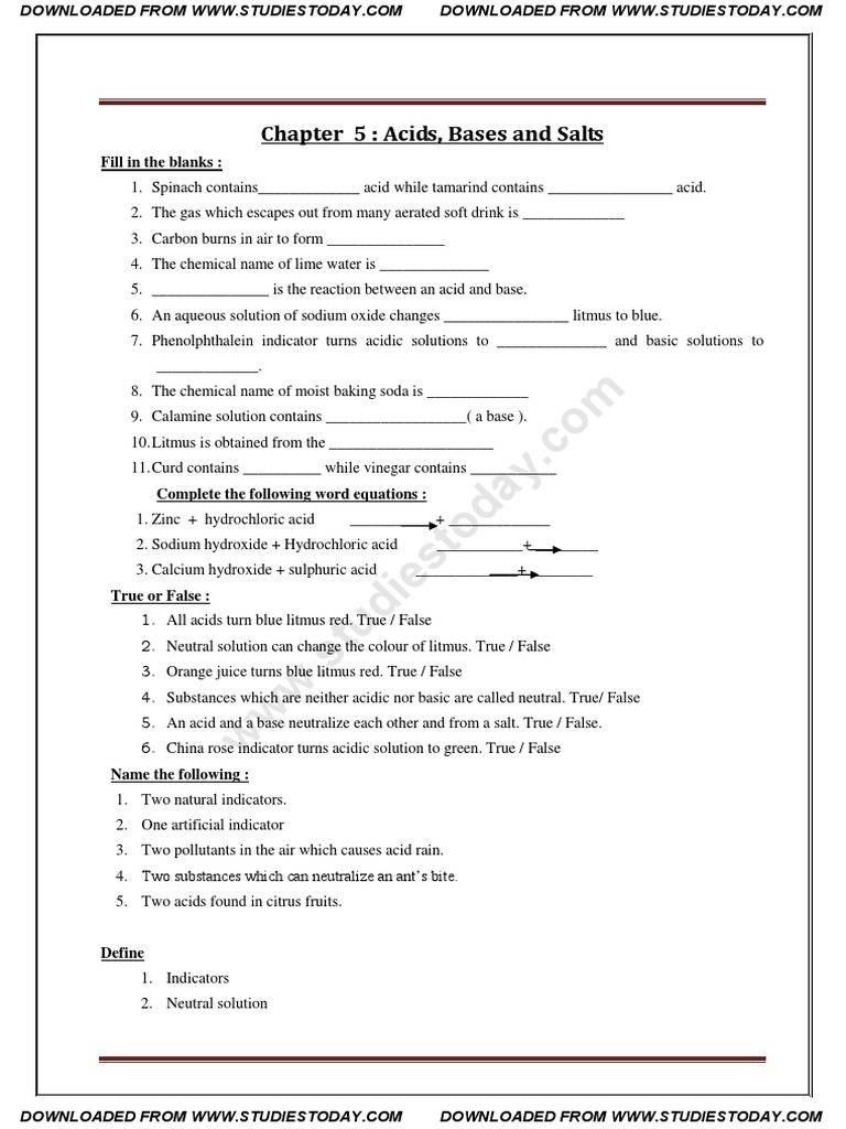 Chapter 5: Acids, Bases and Salts: Fill in The Blanks | PDF | Science ...