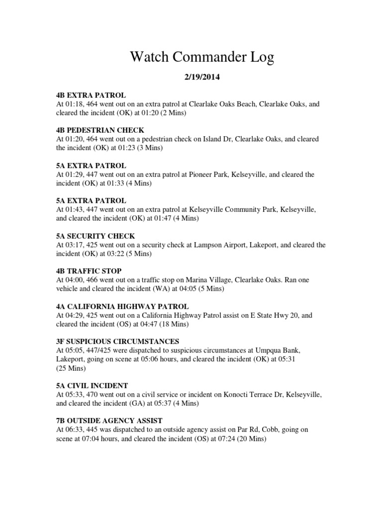 Watch Commander Incident Log Summary | PDF | Traffic | Land Transport