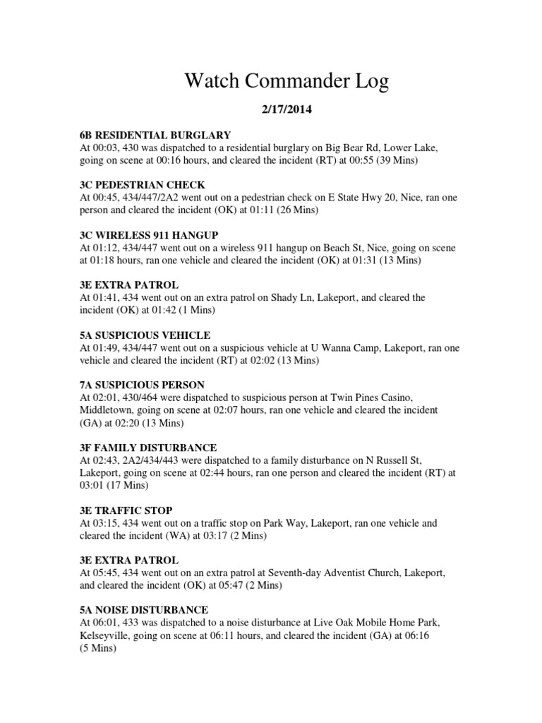 Daily Police Activity Log 2/17/2014 | PDF | Land Transport | Transport